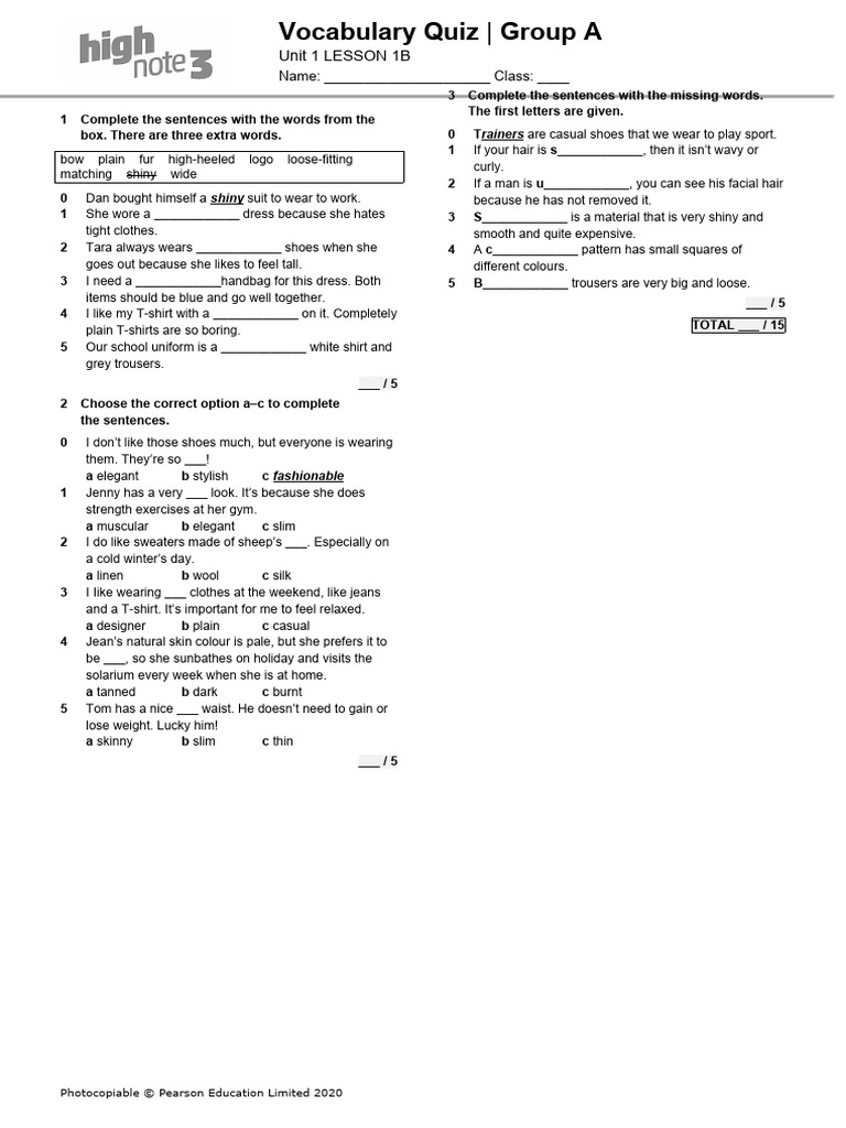 HighNote3 Vocabulary Quiz Unit01B GroupA | PDF | Clothing | Trousers