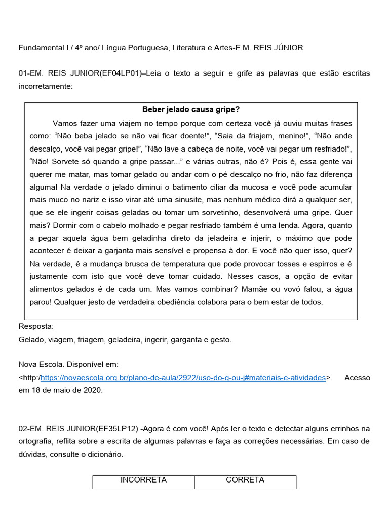 3º Atividade Complementar EMRJ-4º ANO | PDF