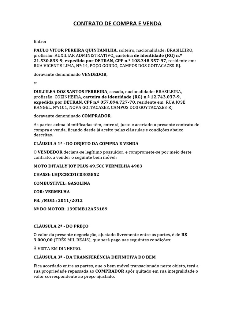 Modelo de Contrato de Compra e Venda Simples Para Word Para Preencher ...