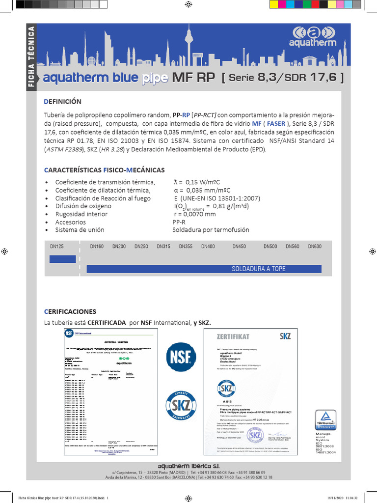 FT - Aquatherm Blue Pipe Faser RP SDR 17.6 | PDF | Mecánica de Medios Continuos | Materiales