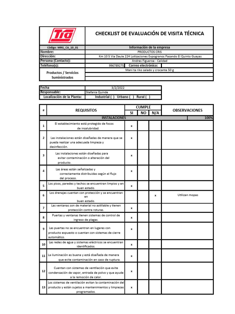 Checklist Visita Proveedores | PDF | Alimentos | Contaminación