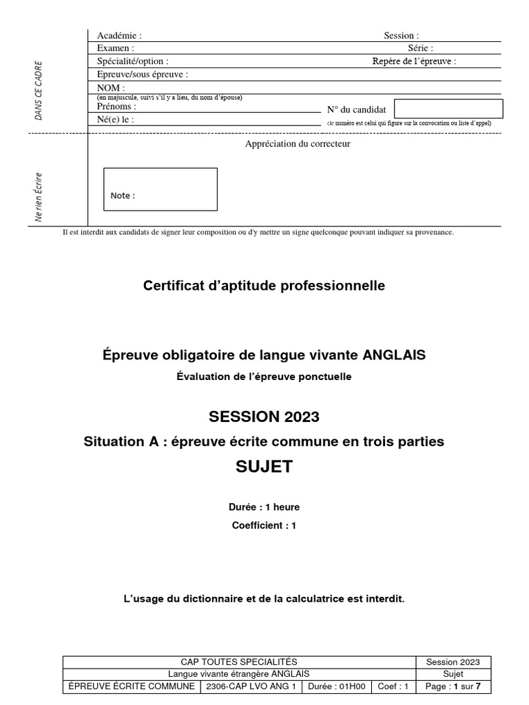 Certificat D Aptitude Professionnelle 2023 - Anglais 155807 | PDF