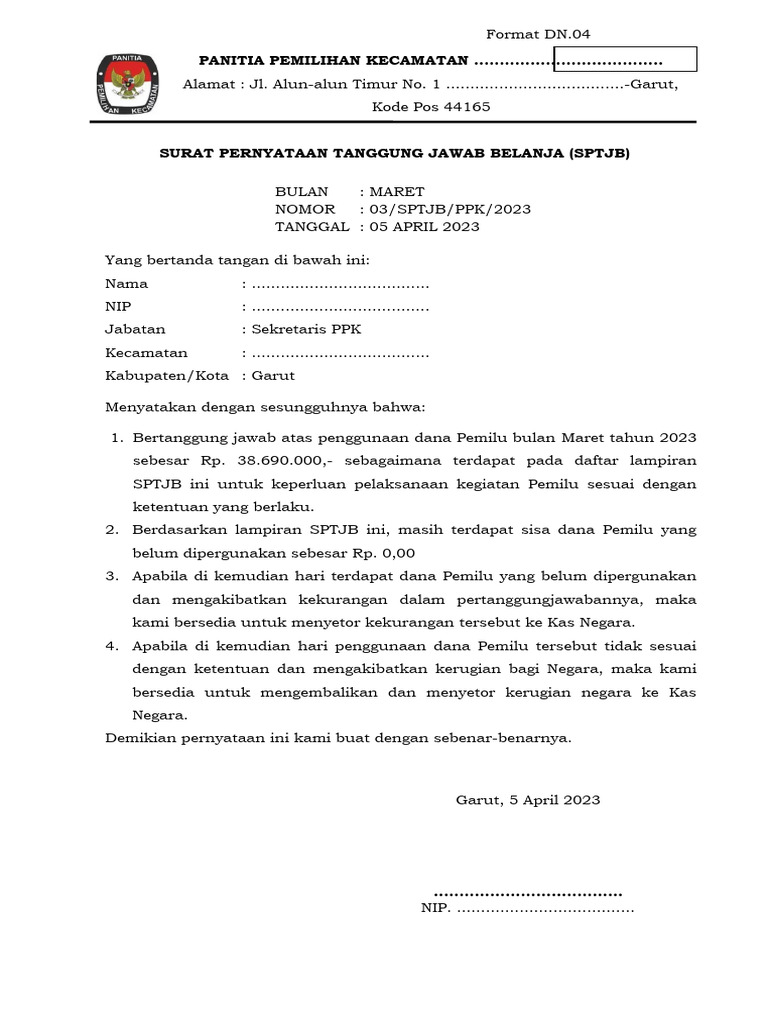 Format Dn.04 Surat Pernyataan Tanggung Jawab Belanja (SPTJB) | PDF