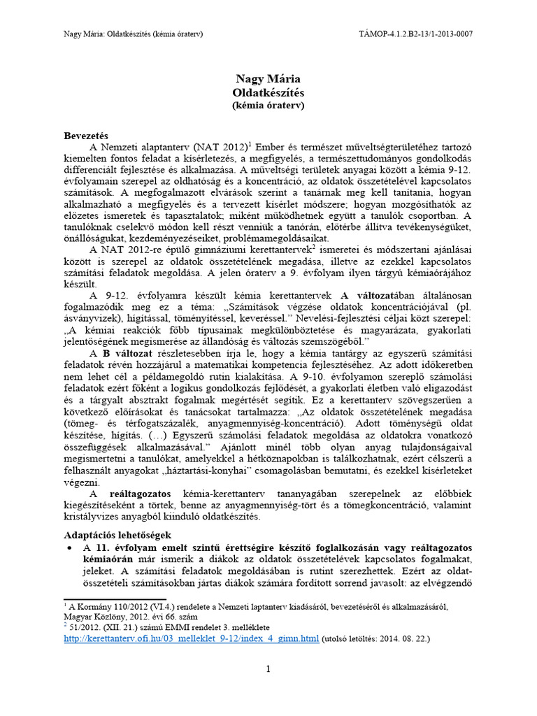 Nagy Maria Oldatkeszites Oraterv | PDF