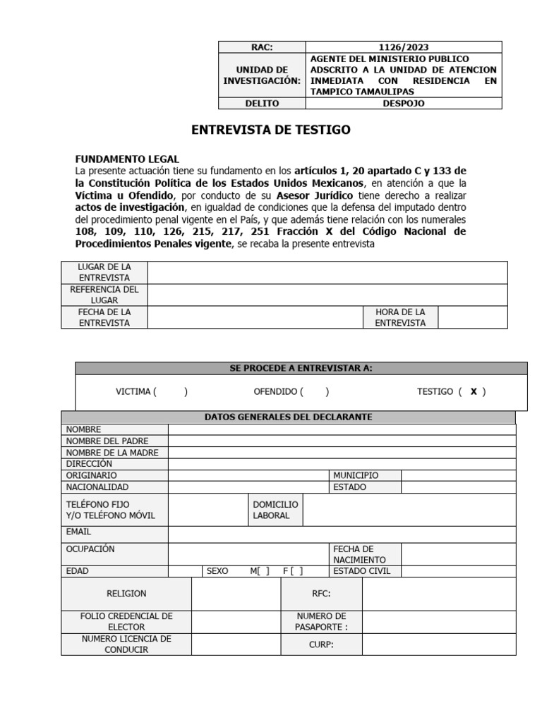 Formato Entrevista Testigo | PDF | Justicia | Crimen y violencia