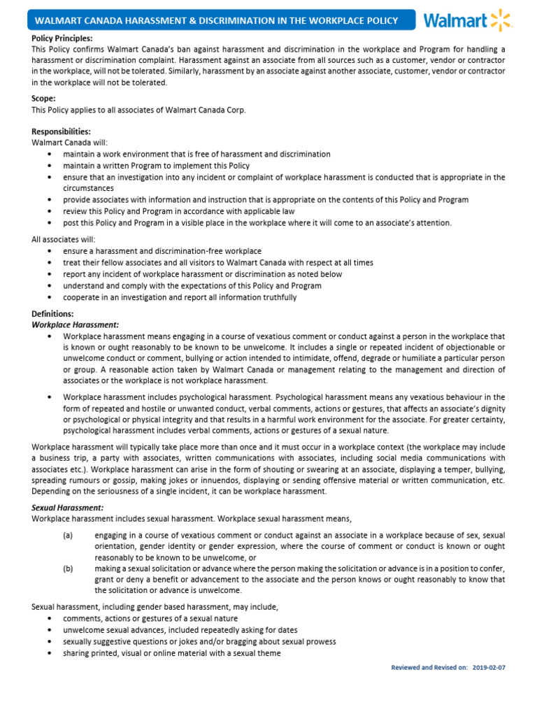 Walmart Canada Harassment Policy | PDF