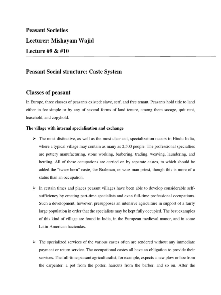 Caste System in Peasant Society | PDF