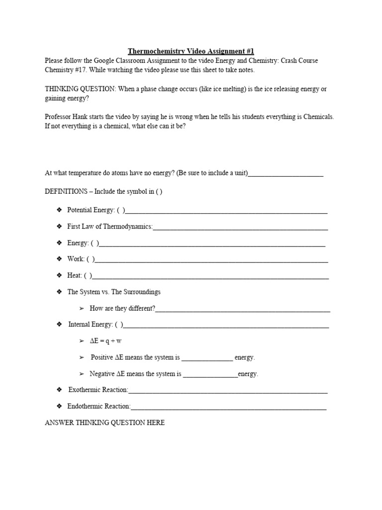 Thermochemistry Video Assignment Guide | PDF