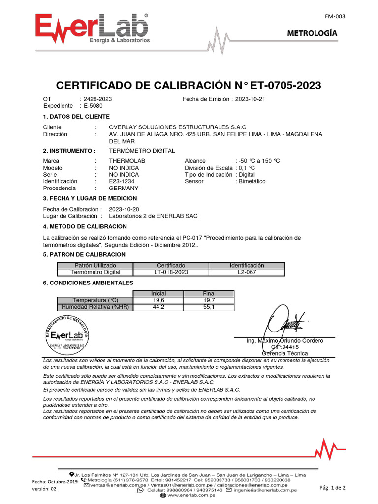 Certificado de Calibración - Termómetro ET-0705-2023 | PDF | Metrología | Calibración