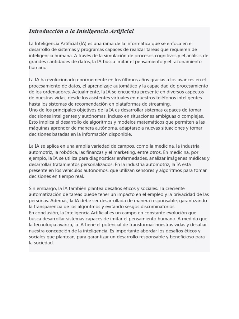 Introducción A La Inteligencia Artificial | PDF | Inteligencia artificial | Inteligencia (IA) y ...