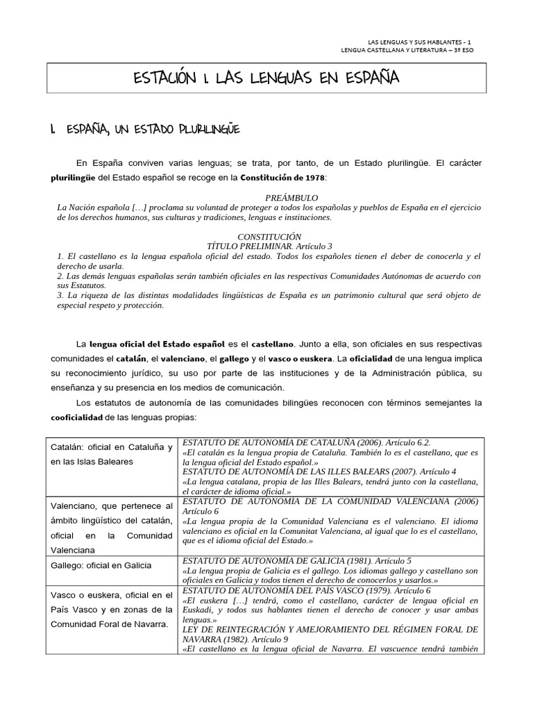 Estación 1. Las Lenguas en España 1 | Descargar gratis PDF | Lengua ...