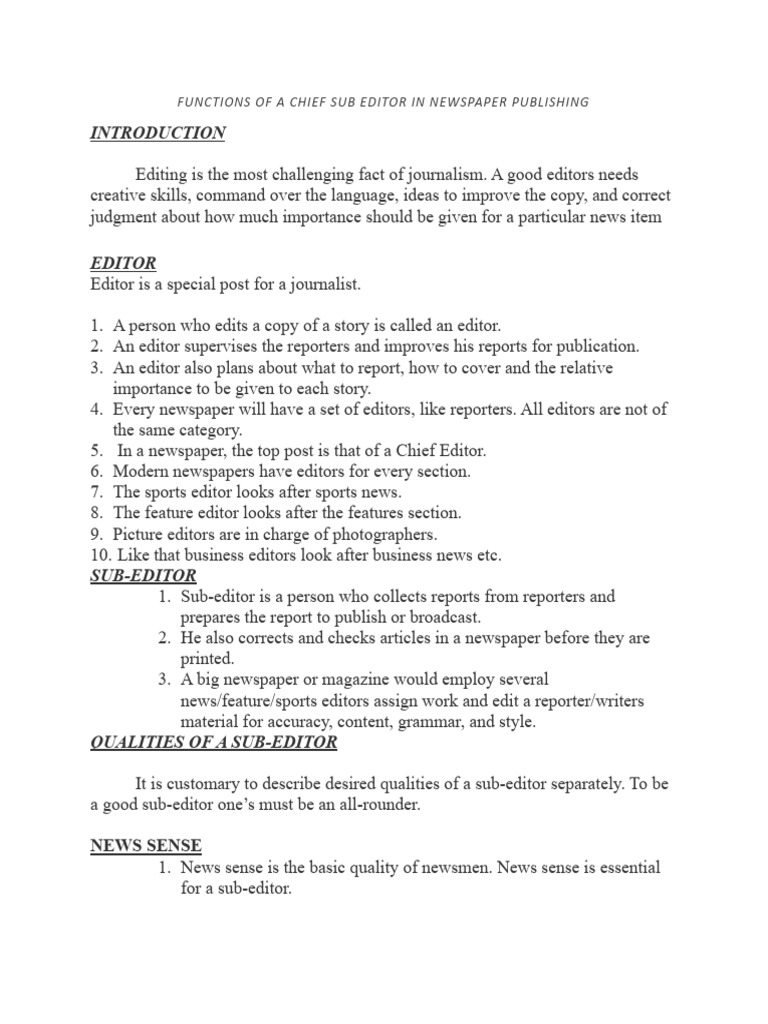 Sub Editor in Newspaper | Download Free PDF | Editing | Copy Editing