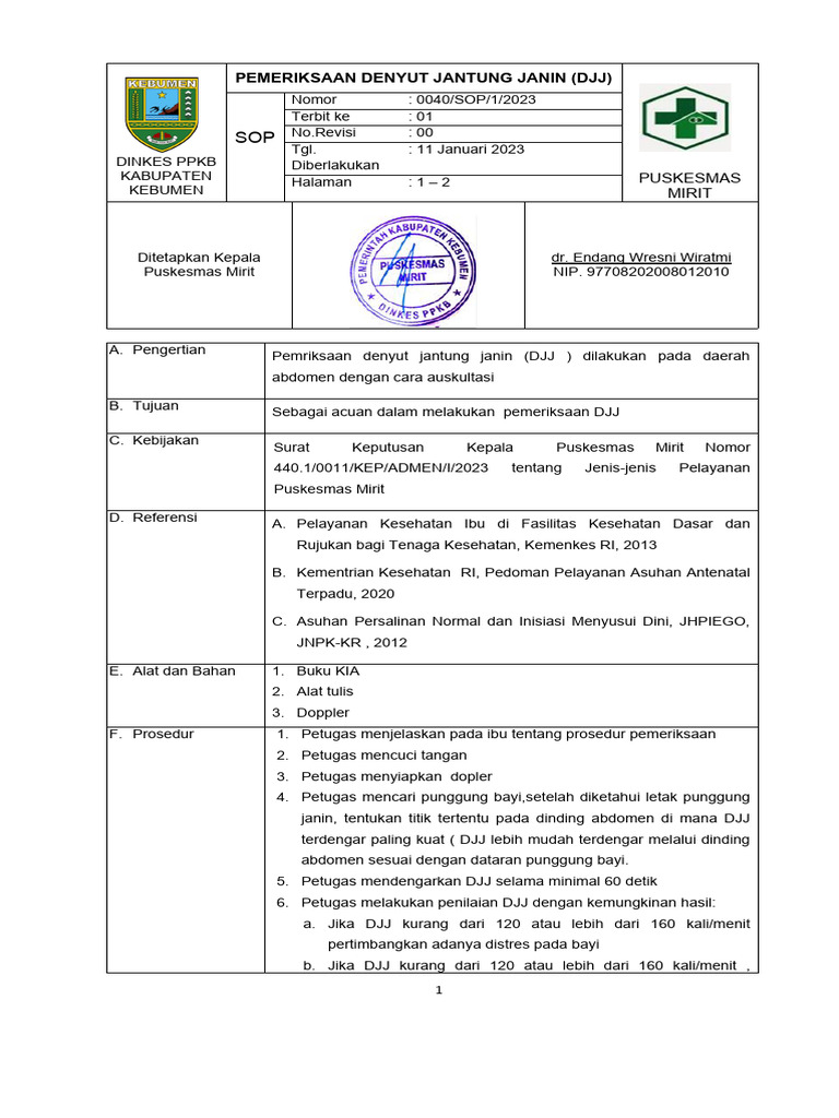 2023 - Sop Pemeriksaan Denyut Jantung Janin (DJJ) | PDF