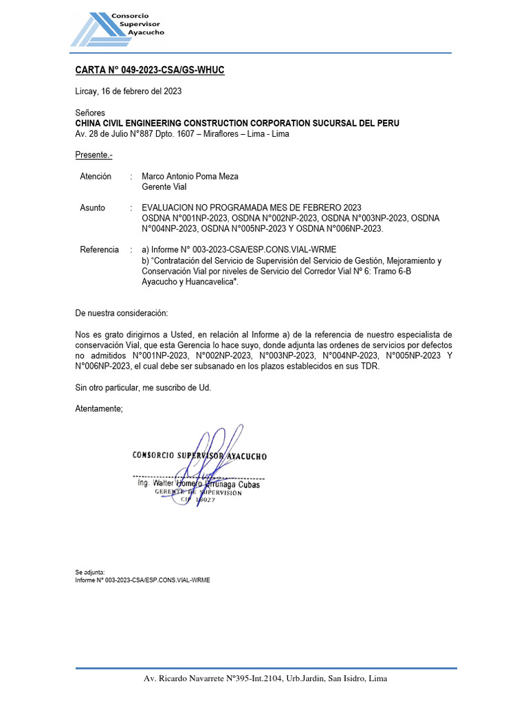 CARTA #049-2023-CSA/GS-WHUC: China Civil Engineering Construction ...