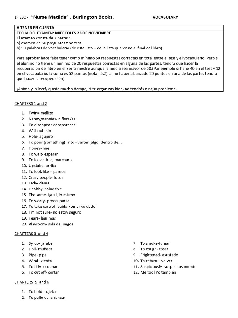 1º Eso - Nurse Matilda - Vocabulary List | PDF