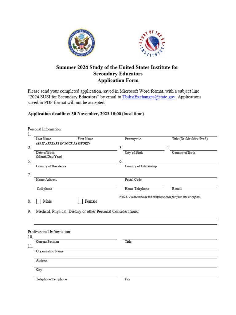 2024 SUSI Secondary School Educators Application Form | Download Free ...