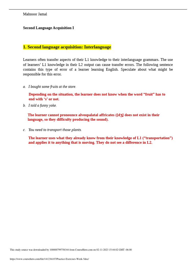 Practice Exercises Week 5 | PDF | Second Language Acquisition | English Language