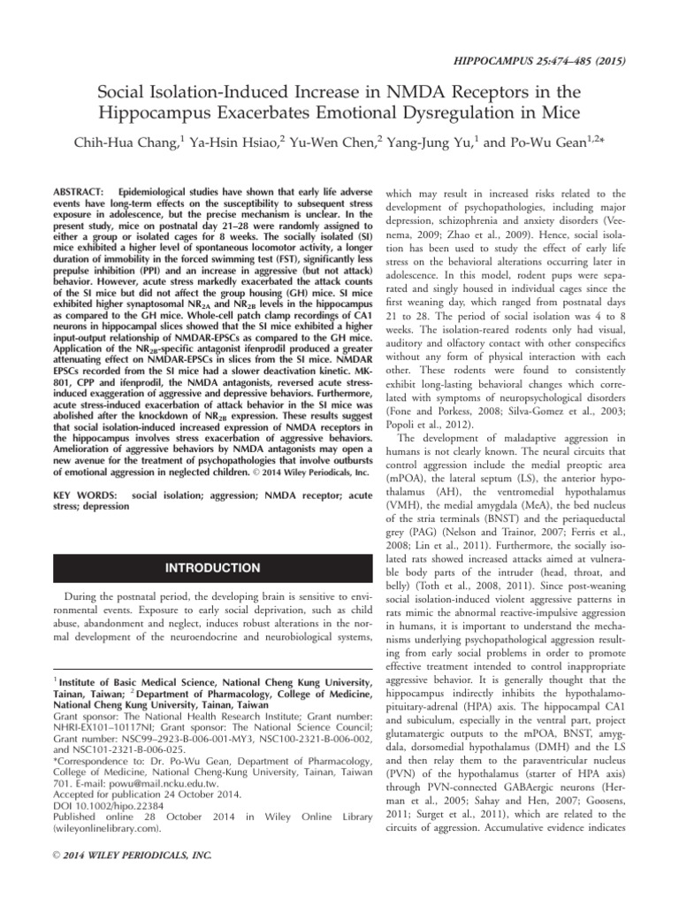 Chang 2014 Social Isolation Induced Increase in NMDA Receptors in The ...