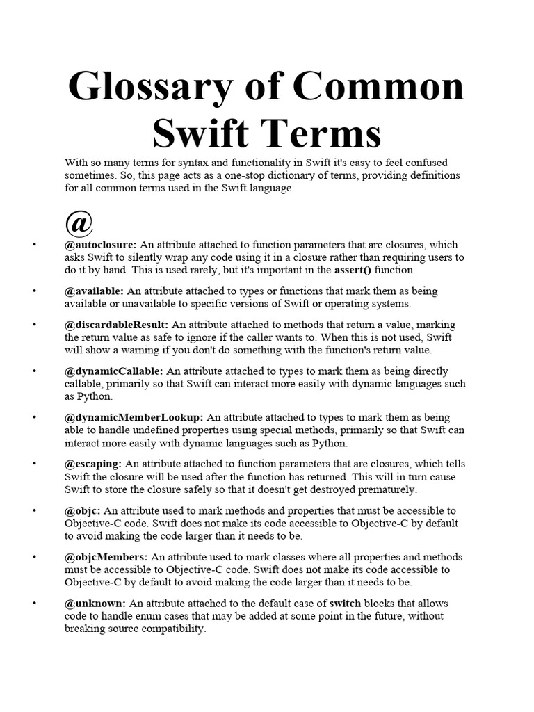 Swift Terms Pdf Swift Programming Language Class Computer Programming