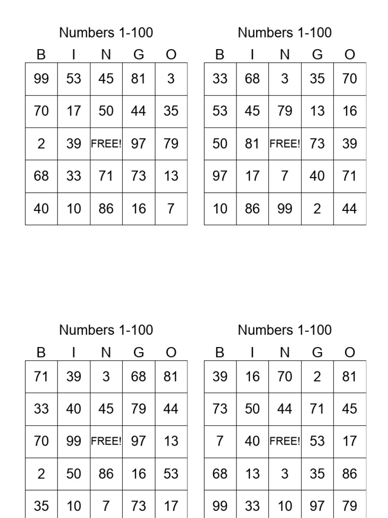 Bingo Cards - 1-100 | PDF | Gambling Games