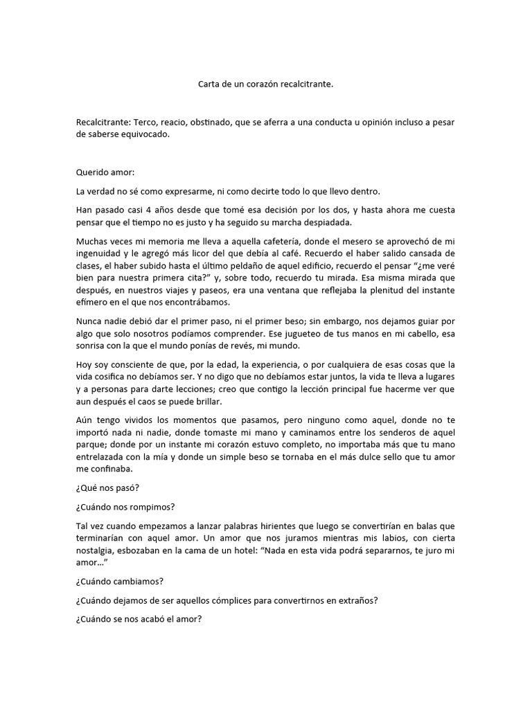 Carta de Un Recalcitrante Corazón | PDF | Amor