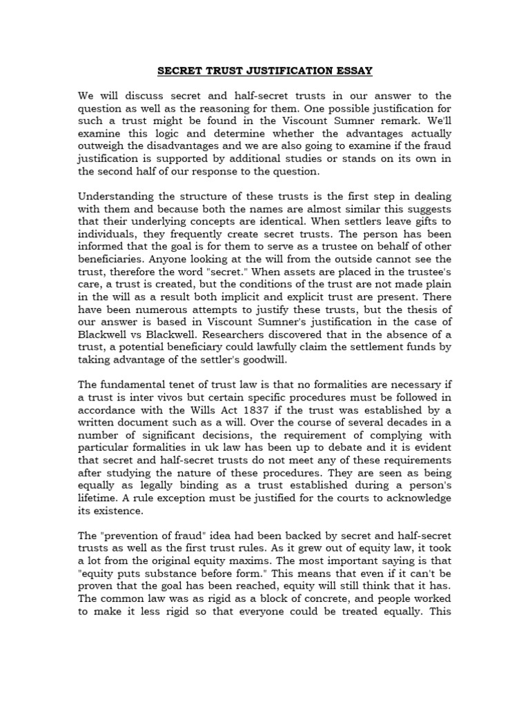 Secret Trust Justification Essay | PDF | Trust Law | Equity (Law)