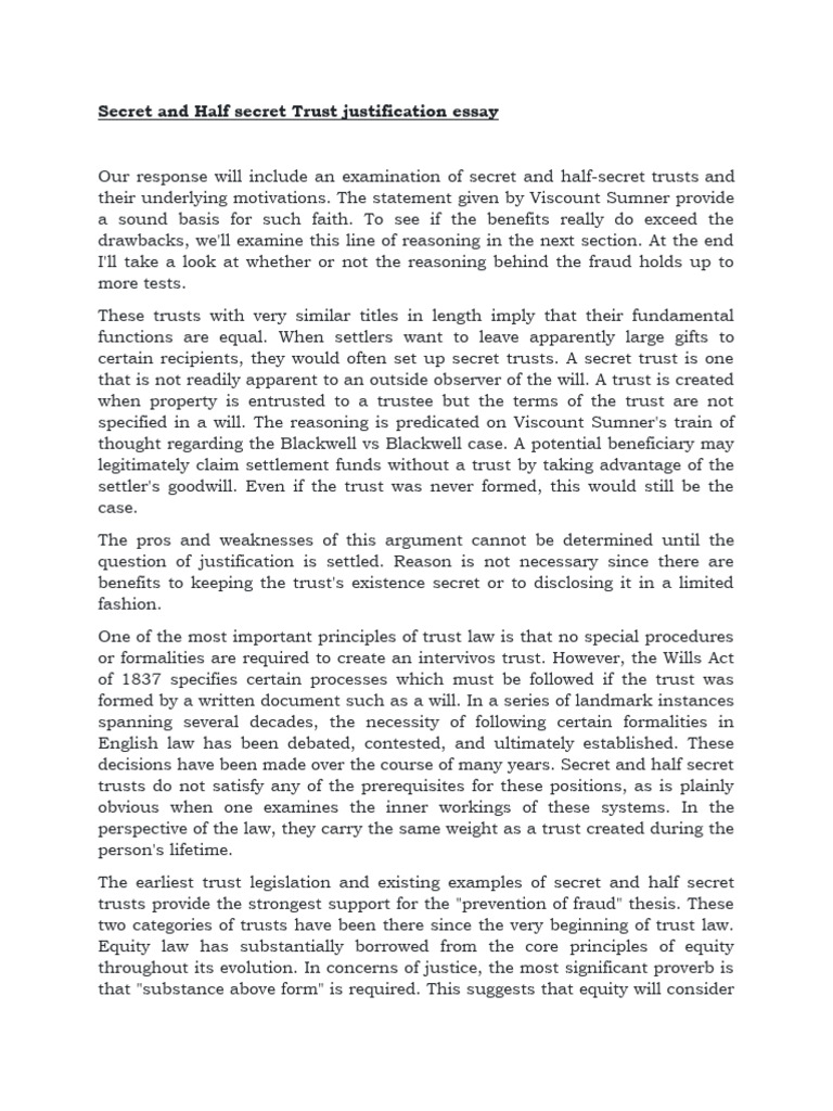 Secret Trust Justification Essay | PDF | Trust Law | Common Law