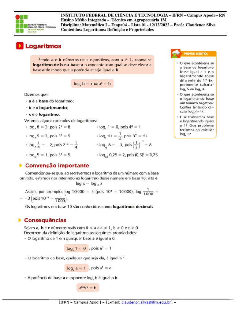 Etapa4-Lista 01 - Logaritmos | PDF