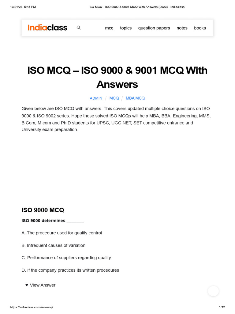 ISO 9000 & 9001 MCQs for Students | PDF | Iso 9000 | Quality Management