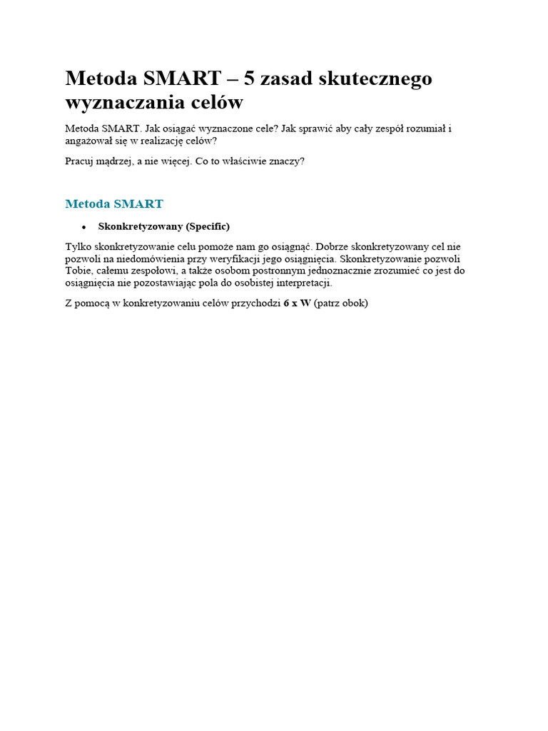 Metoda SMART 5 Zasad Skutecznego Wyznaczania Celów | PDF