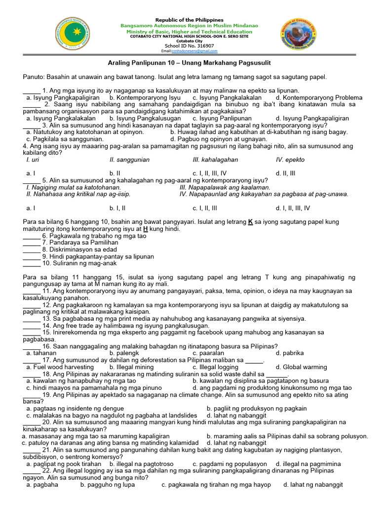 AP 10 - First Quarter Exam With Answer Key | PDF