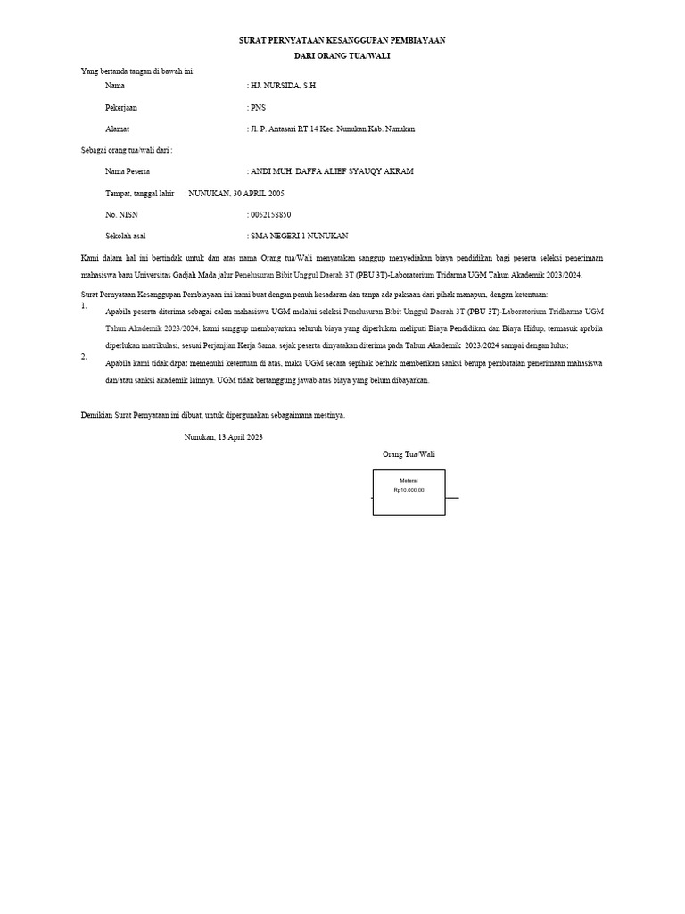 Surat Pernyataan Kesanggupan Pembiayaan Orang Tua Daffa | PDF