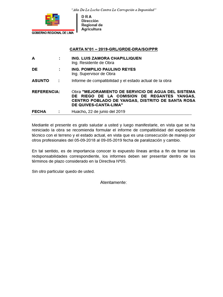 Informe sobre obra de riego en Yangas | PDF | Lima