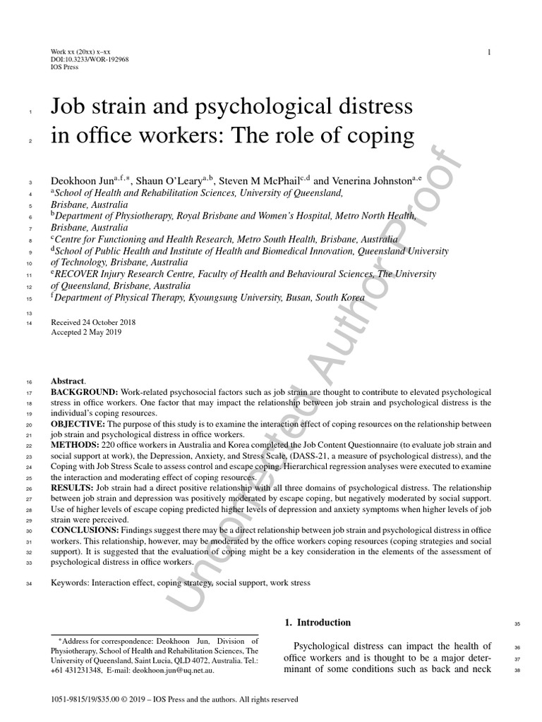 Job Strain, Coping, and Distress in Office Workers | PDF | Social ...