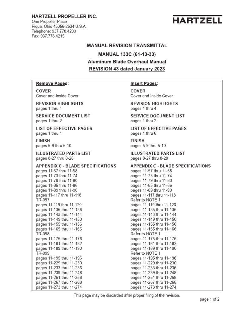 Hartzell Propeller Inc.: Remove Pages: Insert Pages | PDF