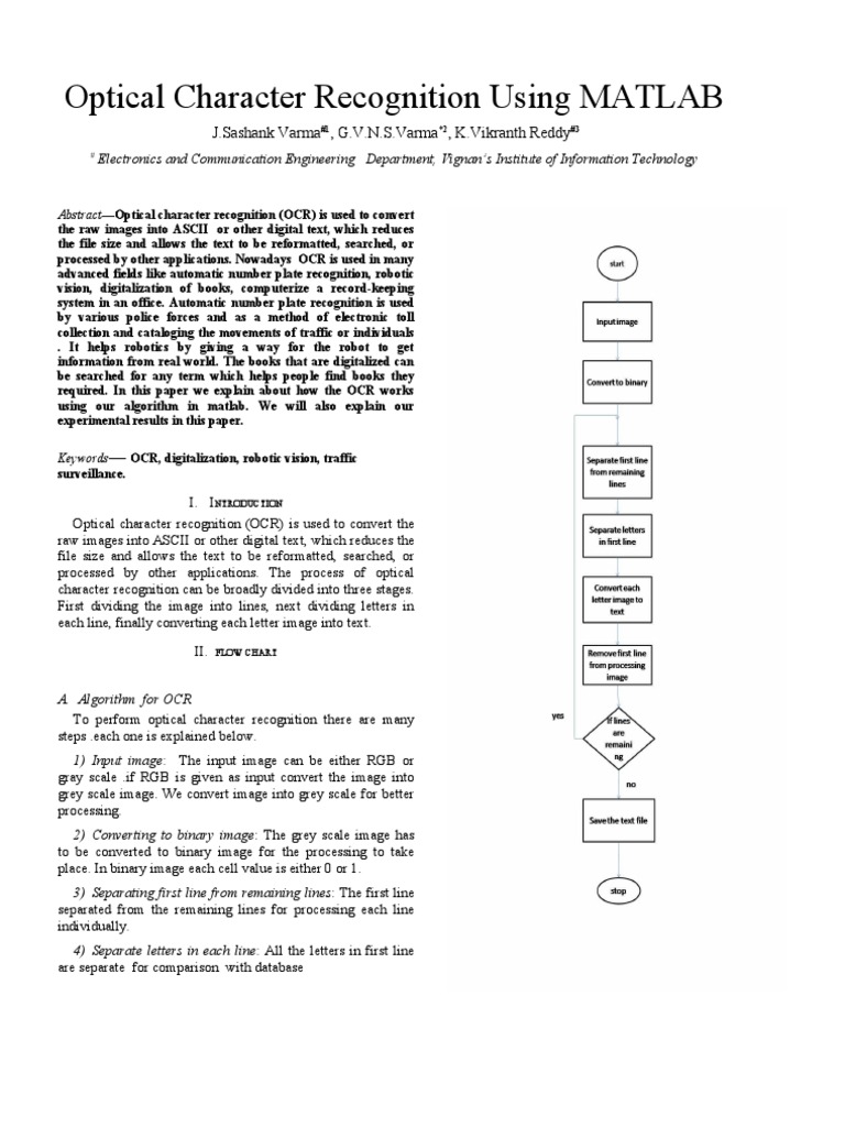 Optical Character Recognition Using MATLAB: J.Sashank Varma, G.V.N.S.Varma, K.Vikranth Reddy ...