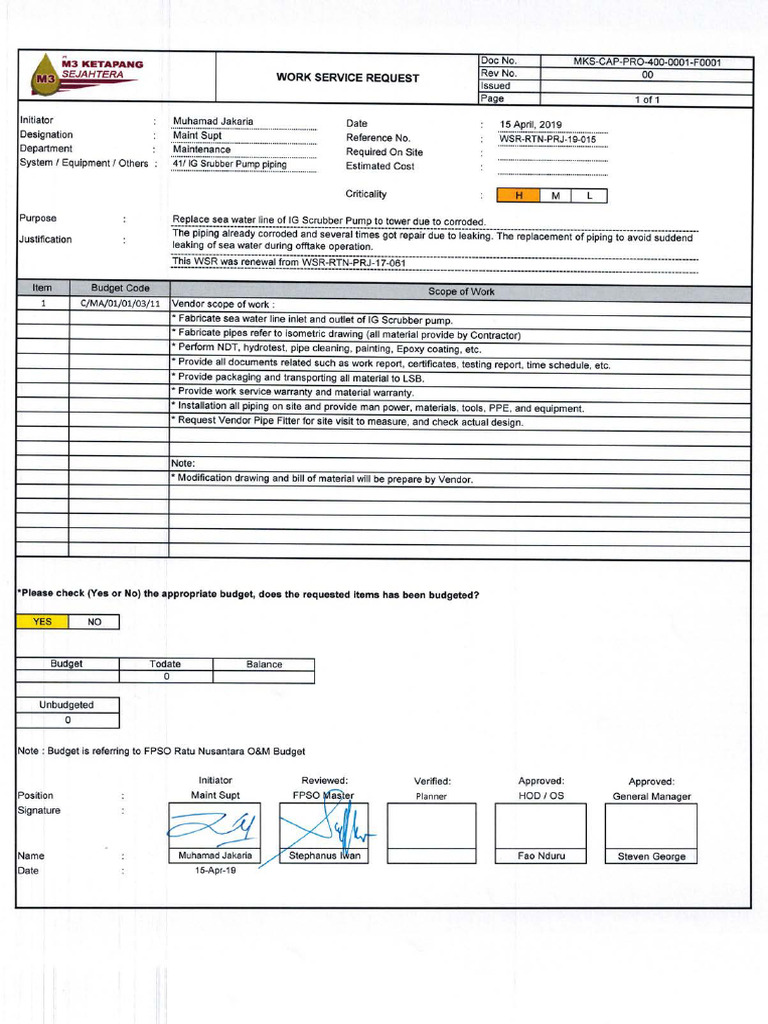 WSR-RTN-PRJ-19-015 - Piping of IG Srubber Sea Water Line | PDF