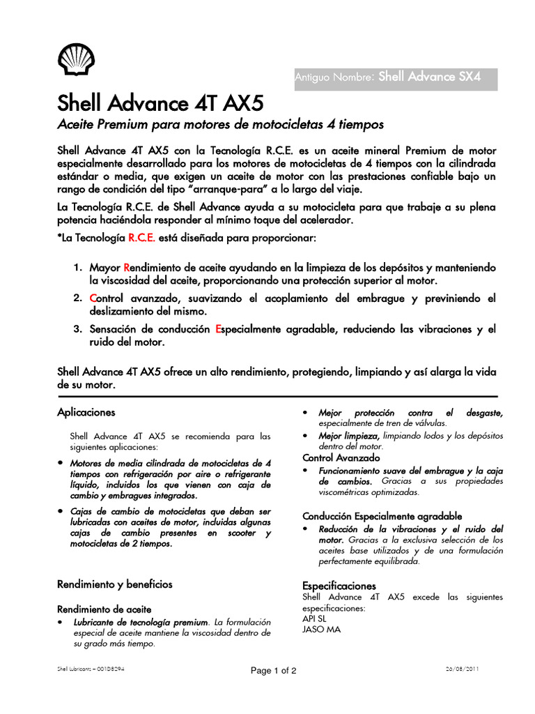 Advance 4T AX5 20W-50 | PDF | Motocicleta | Aceite de motor