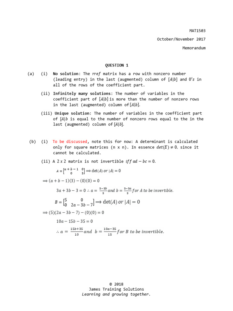 MAT1503 Math Solutions Memo | PDF | Matrix (Mathematics) | Matrix Theory