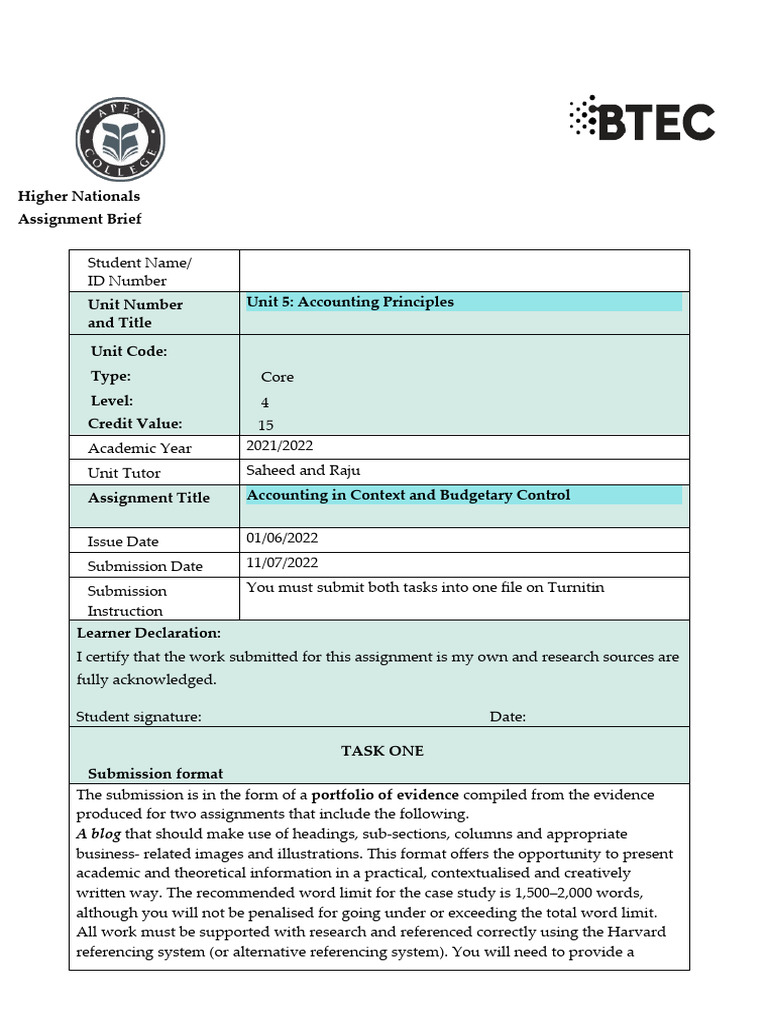 Unit 5 Assignment Brief-New Spec (1) | PDF | Accounting | Spreadsheet
