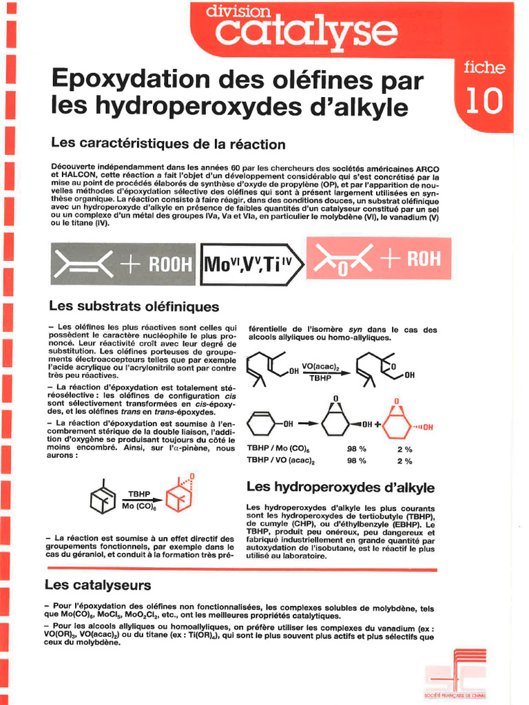 Fiche #10, Epoxydation Des Oléfines Par Hydroperoxydes D'alkyle (PDF ...