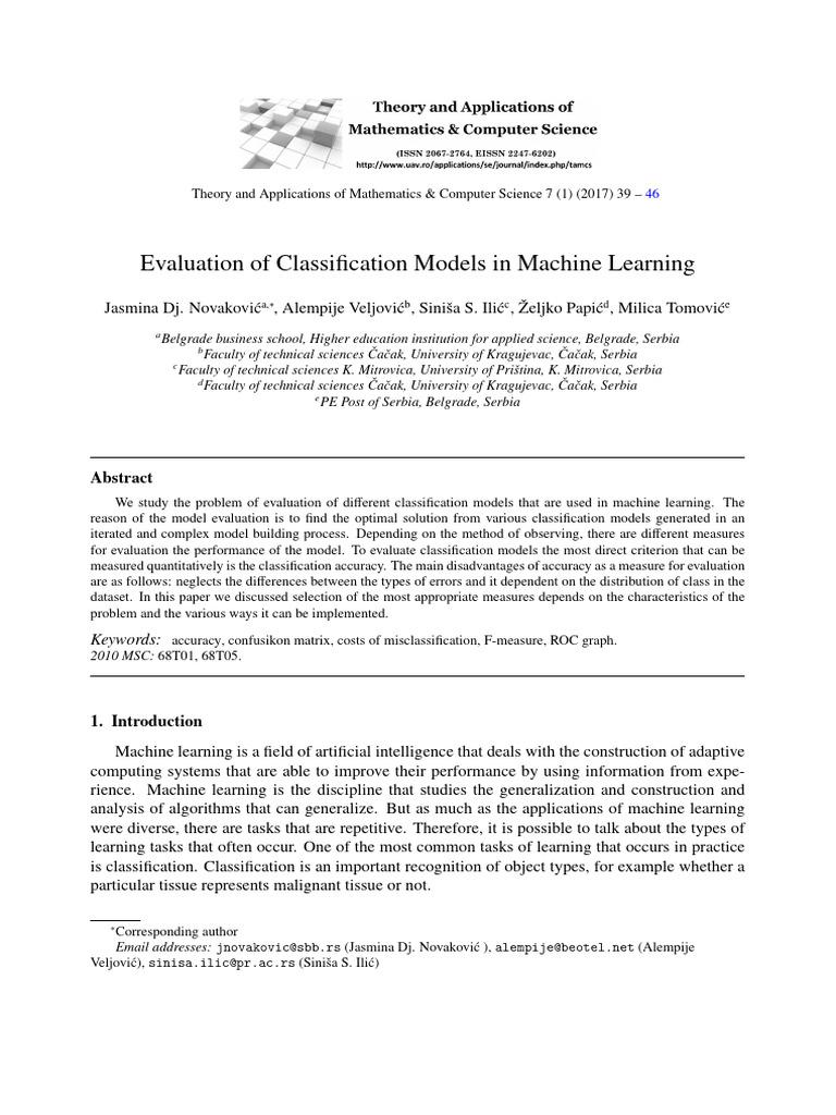Evaluation of Classification Models in Machine Learning: Keywords | PDF ...