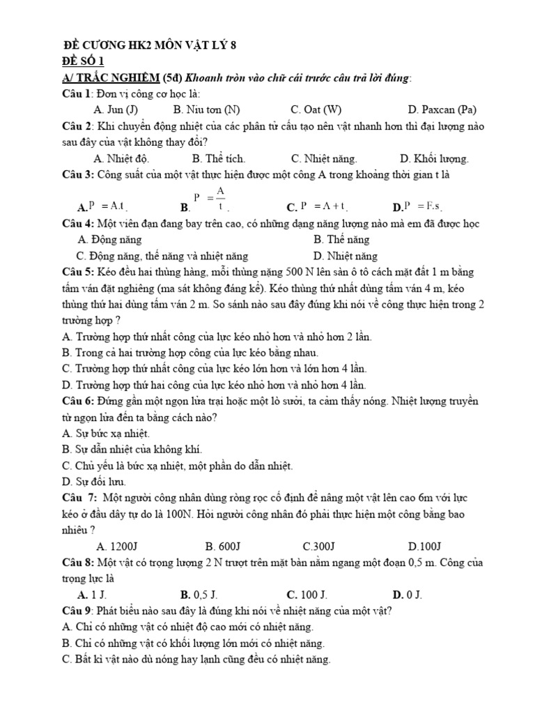 ĐỀ CƯƠNG VẬT LÍ 8 HK2 | PDF
