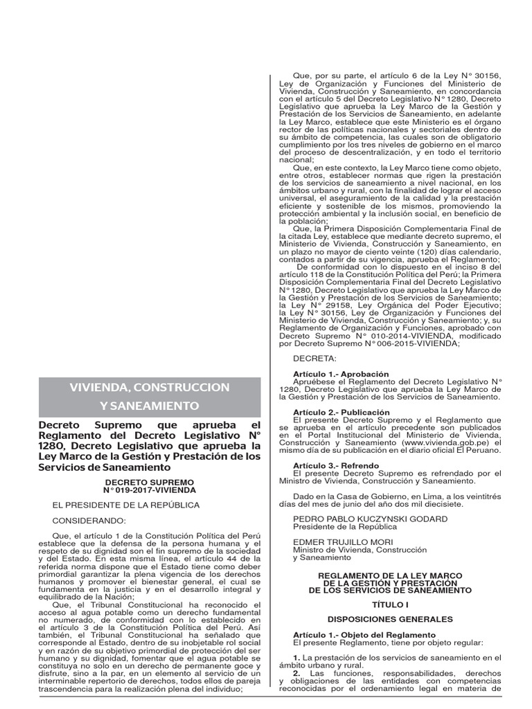 D. S. 019-2017 Reglamento LMGPSS | PDF | Agua | Saneamiento