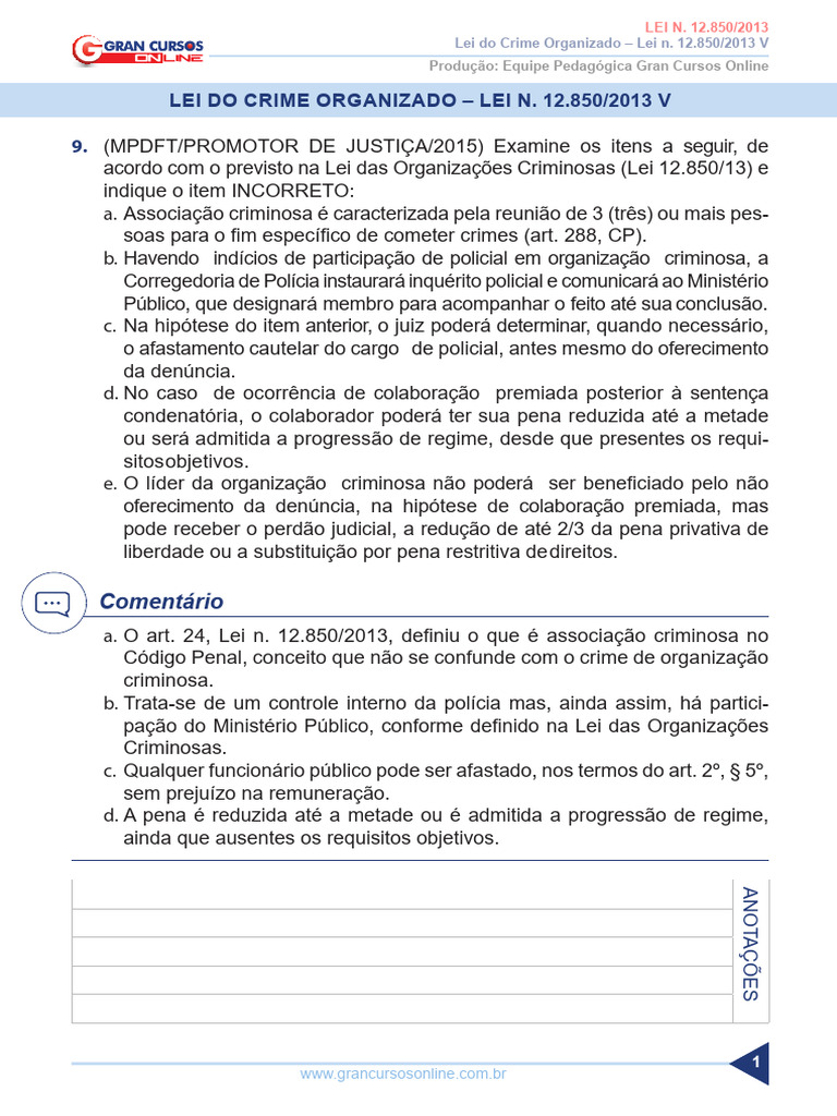 Lei 12 850 13 Aula 05 Lei Do Crime Organizado Lei 12 850 2013 V | PDF | Crimes | Crime e Violência