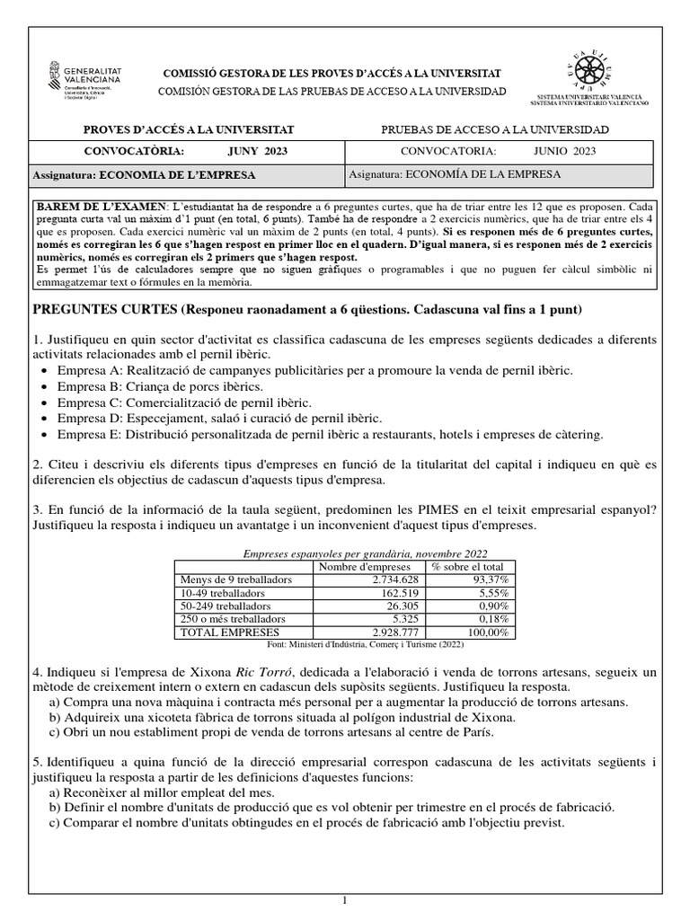 Examen Economía de La Empresa de La Comunidad Valenciana (Ordinaria de 2023) (WWW ...