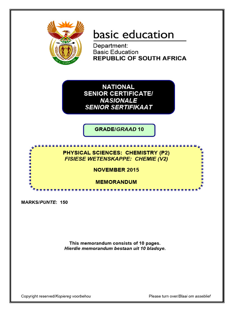 Physical Sciences P2 Grade 10 Nov 2015 Memo Afr & Eng | PDF