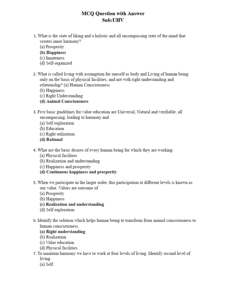 250 Question Bank | PDF | Consciousness | Happiness