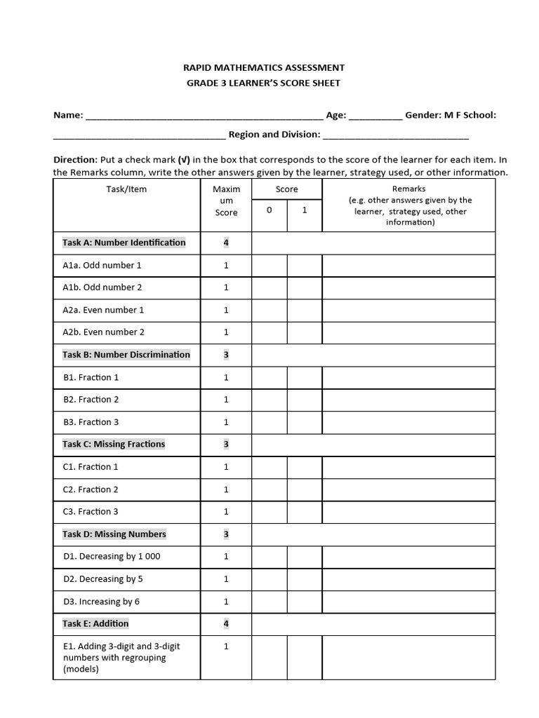 Grade 3 Rapid Math Assessment Score Sheet | PDF