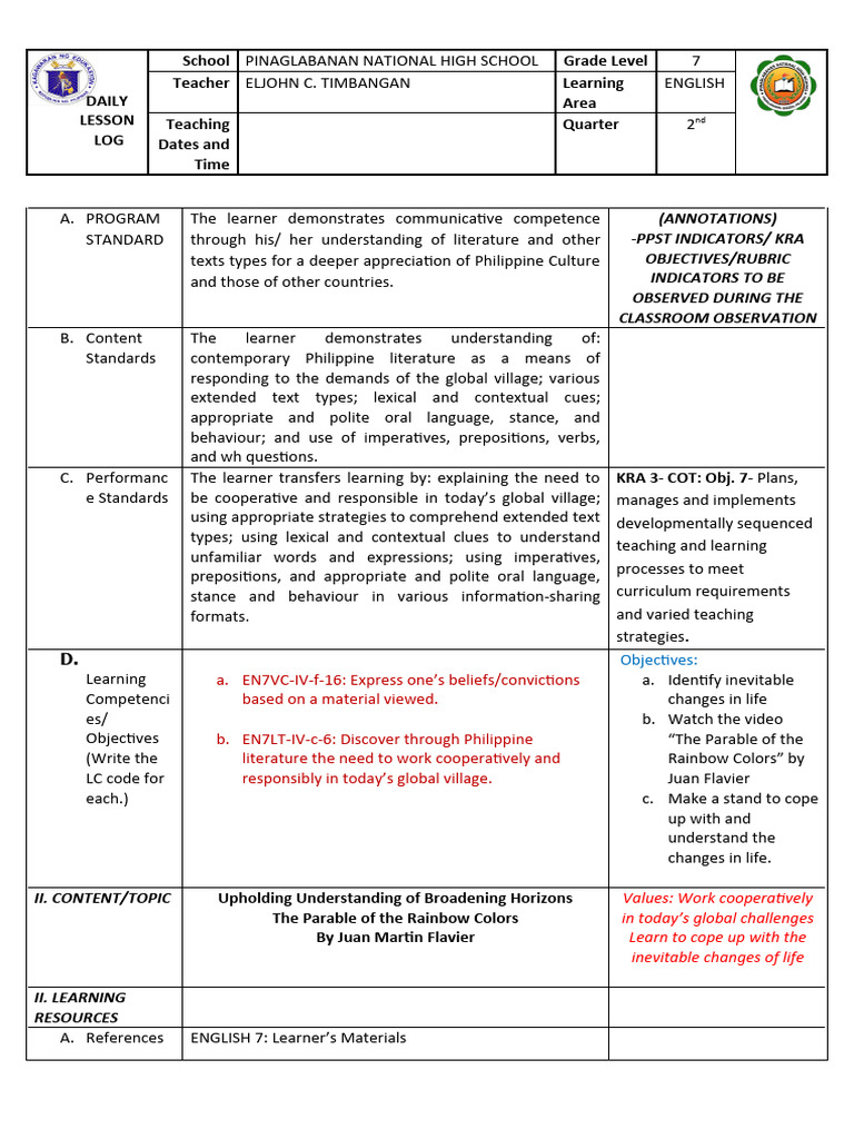 COT 2 Q2 Lesson Parable of The Rainbow Colors | PDF | Learning ...